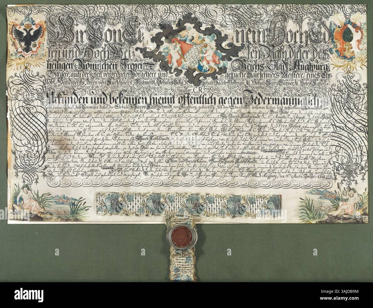 This 1751 parchment certificate from Augsburg officially recognizes Joh ...