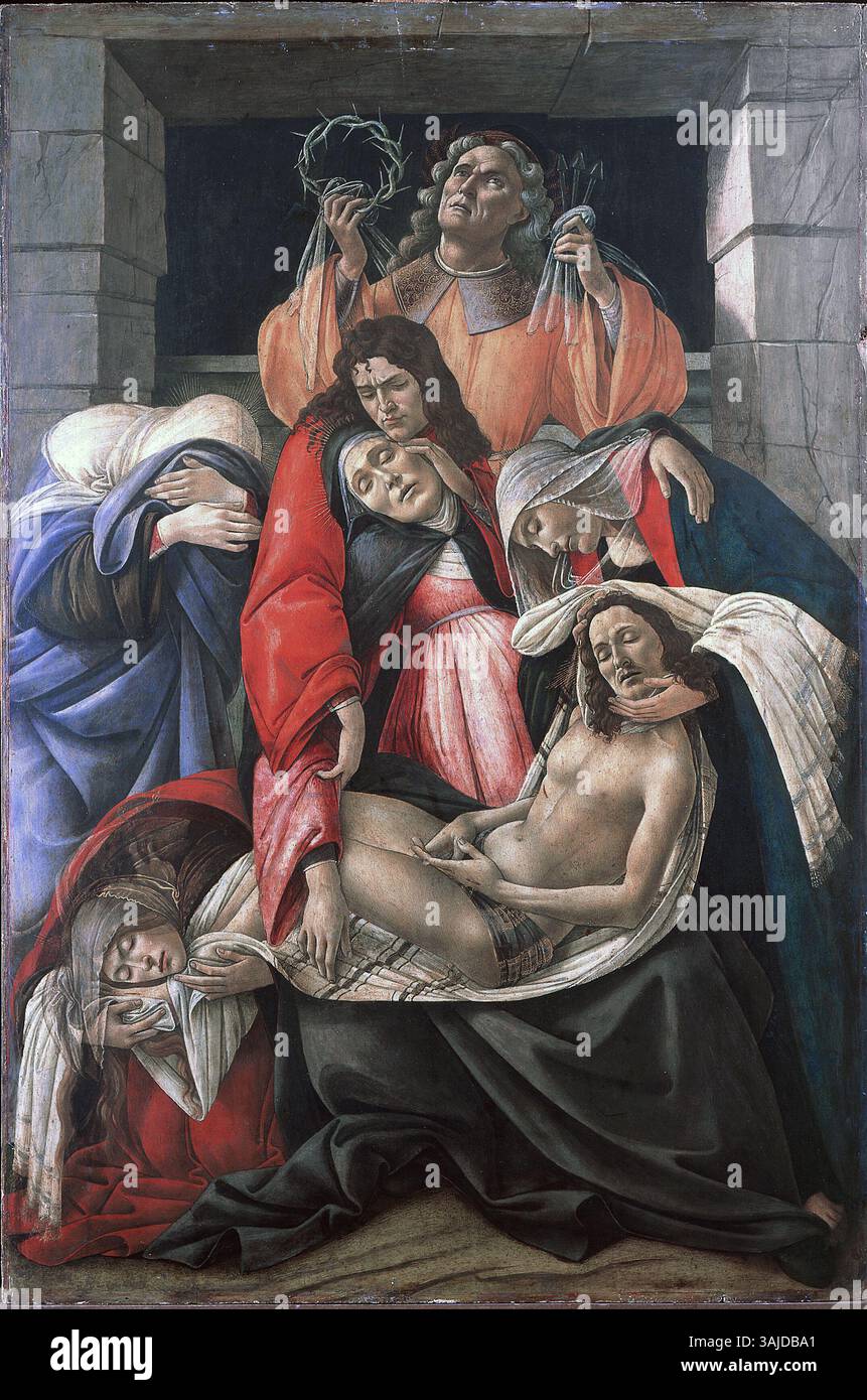 This tempera on panel painting by Sandro Botticelli, titled 'The Lamentation over the Dead ...