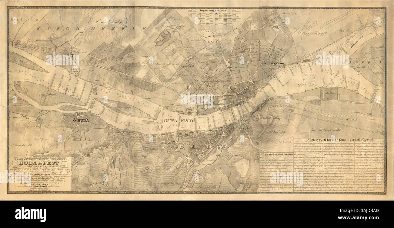 This 1833 map by László Vörös depicts Budapest, Hungary, showing the ...
