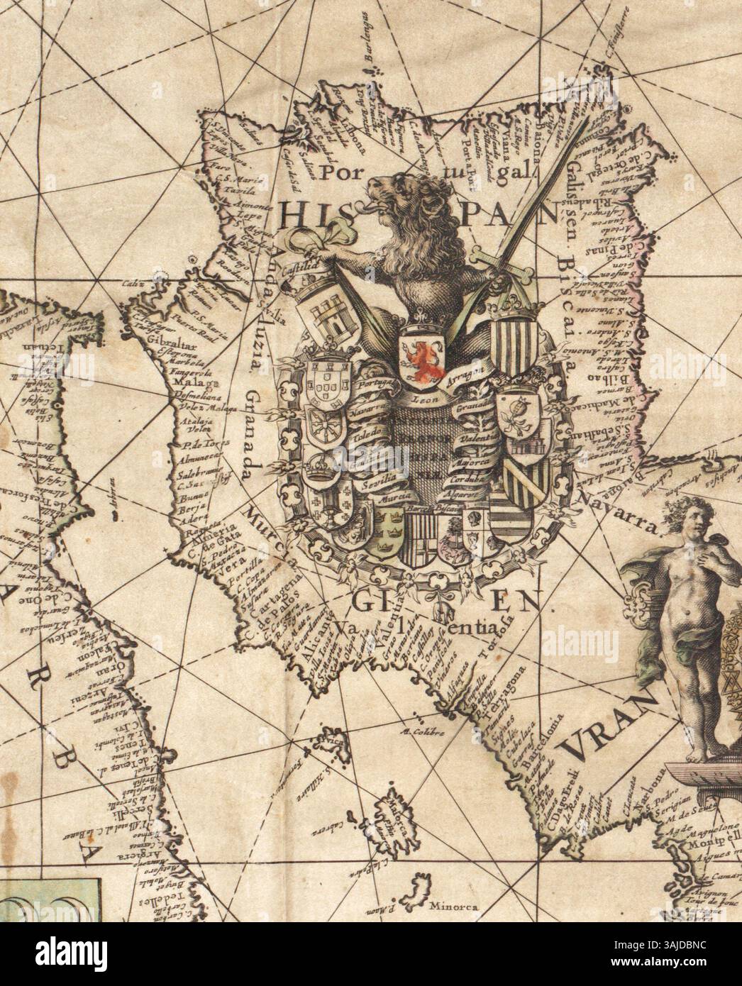 Map by Arnold Colom, dated 1660, showing the Iberian Peninsula on a ...