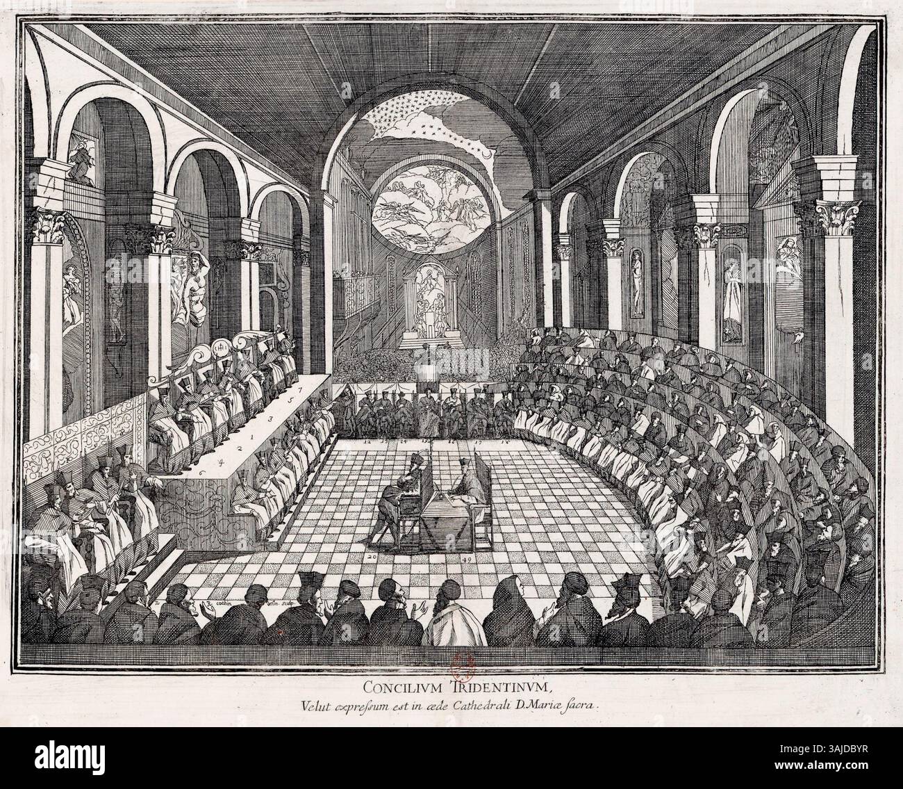 Engraving depicting the Council of Trent, created by French artist Noël ...