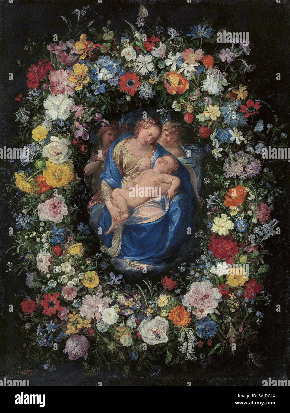Jan Brueghel the Elder's painting 'Wreath with Virgin and Child and Two ...
