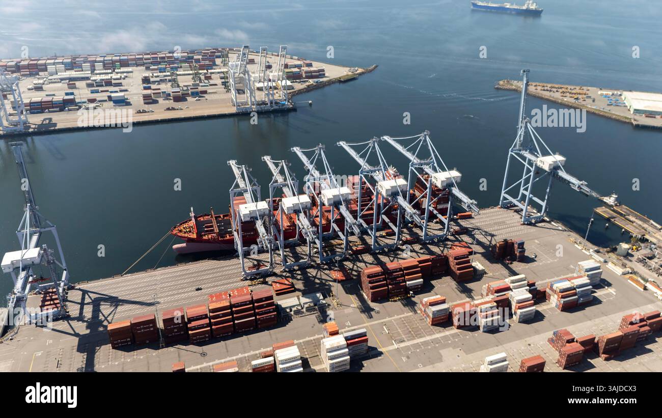An aerial view of the Port of Long Beach reveals a vast, bustling trade hub with sprawling docks ...
