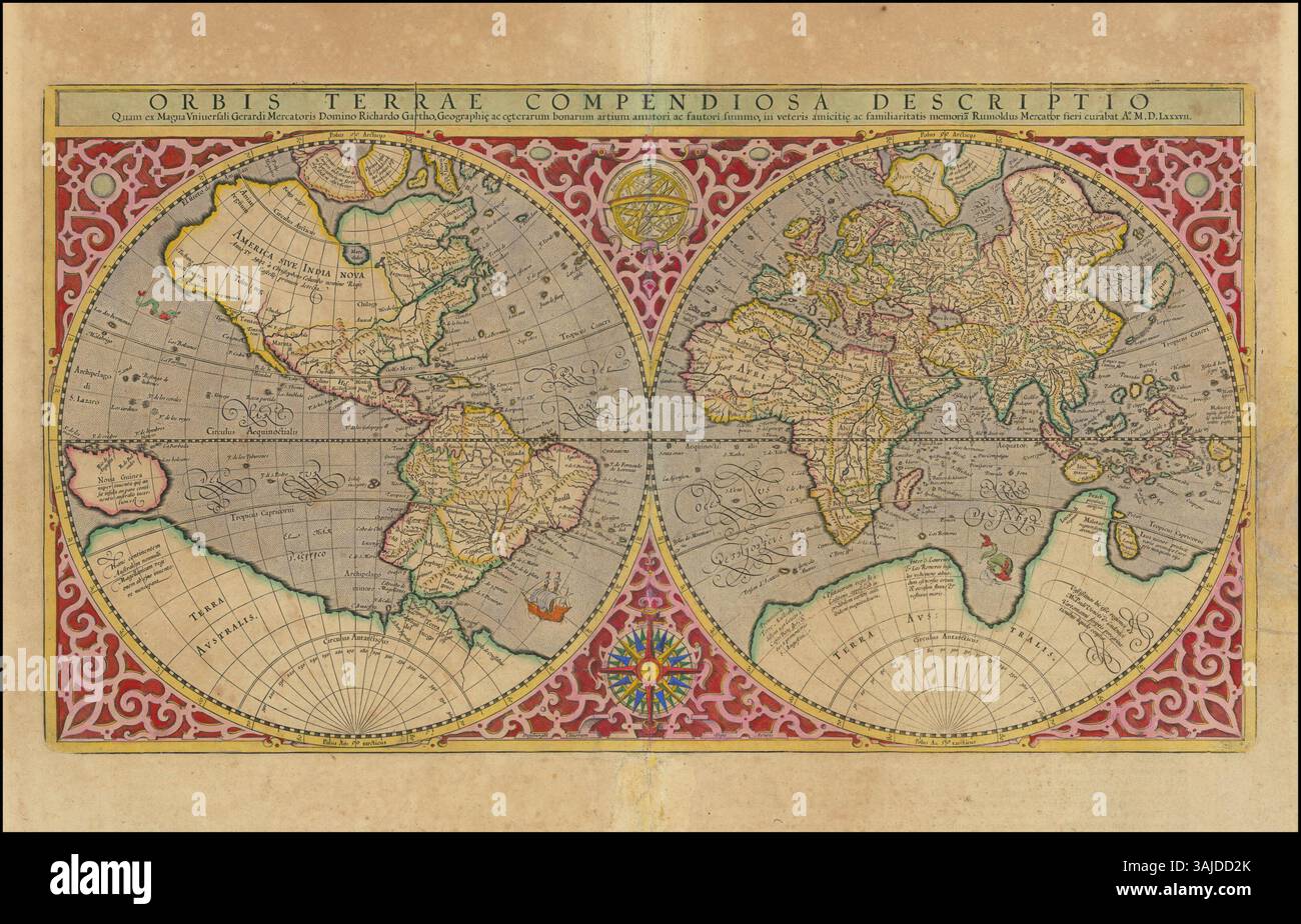 World map 'Orbis Terrae Compendiosa Descriptio' by Jodocus Hondius and ...
