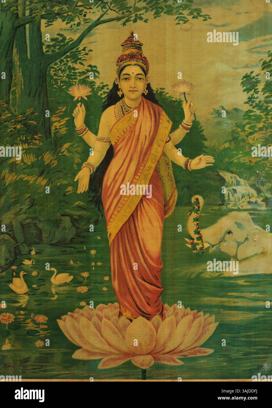 This 1930s depiction by Raja Ravi Varma presents Lakshmi, the Hindu ...