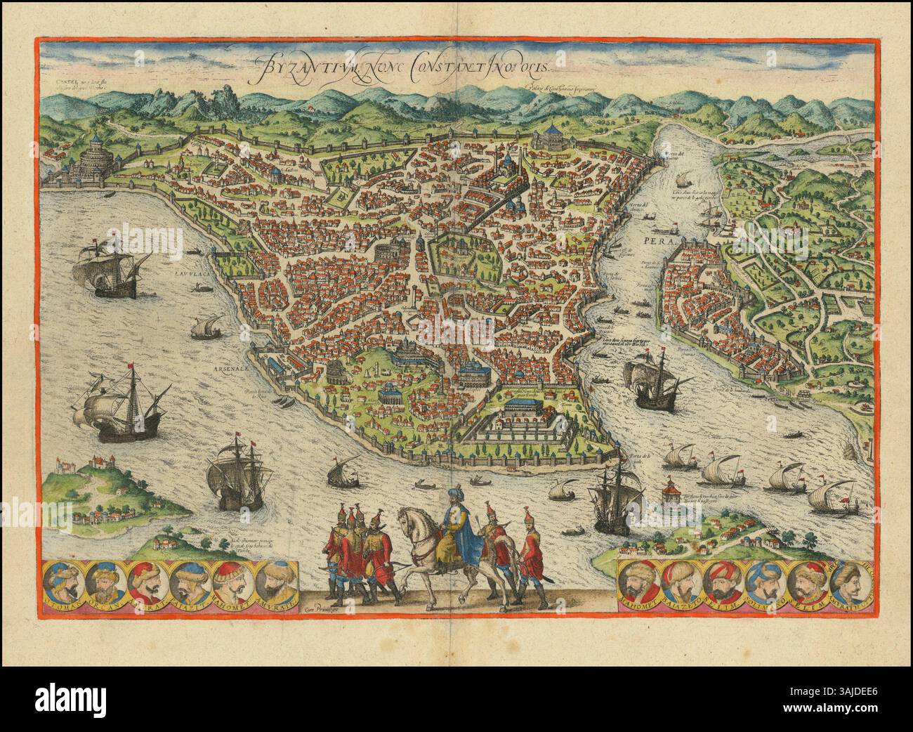Braun and Hogenberg’s third state view of Istanbul from 1599, showing ...