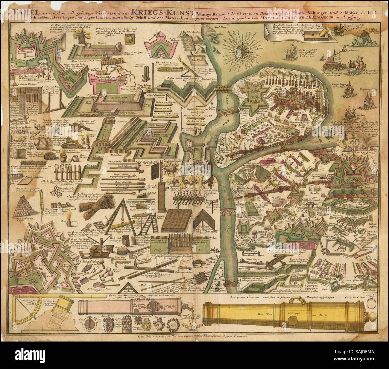 The 1720 allegorical map by Matthaus Seutter depicts the art of war ...