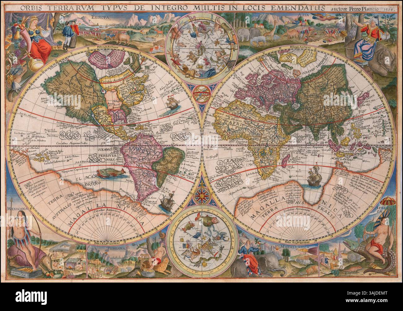 A 1594 double hemisphere world map by Petrus Plancius, a significant ...