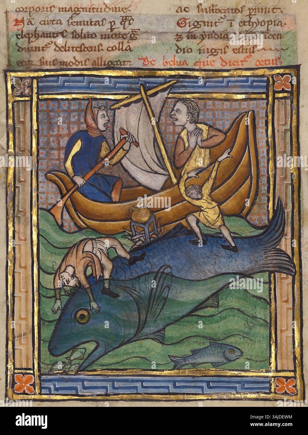 A circa 1270 French bestiary illustration depicting two fishermen on an ...