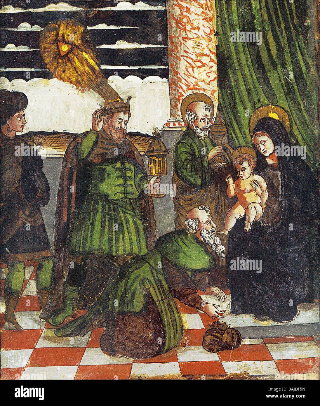 This 17th-century glass painting in the Eglomisé technique depicts the ...