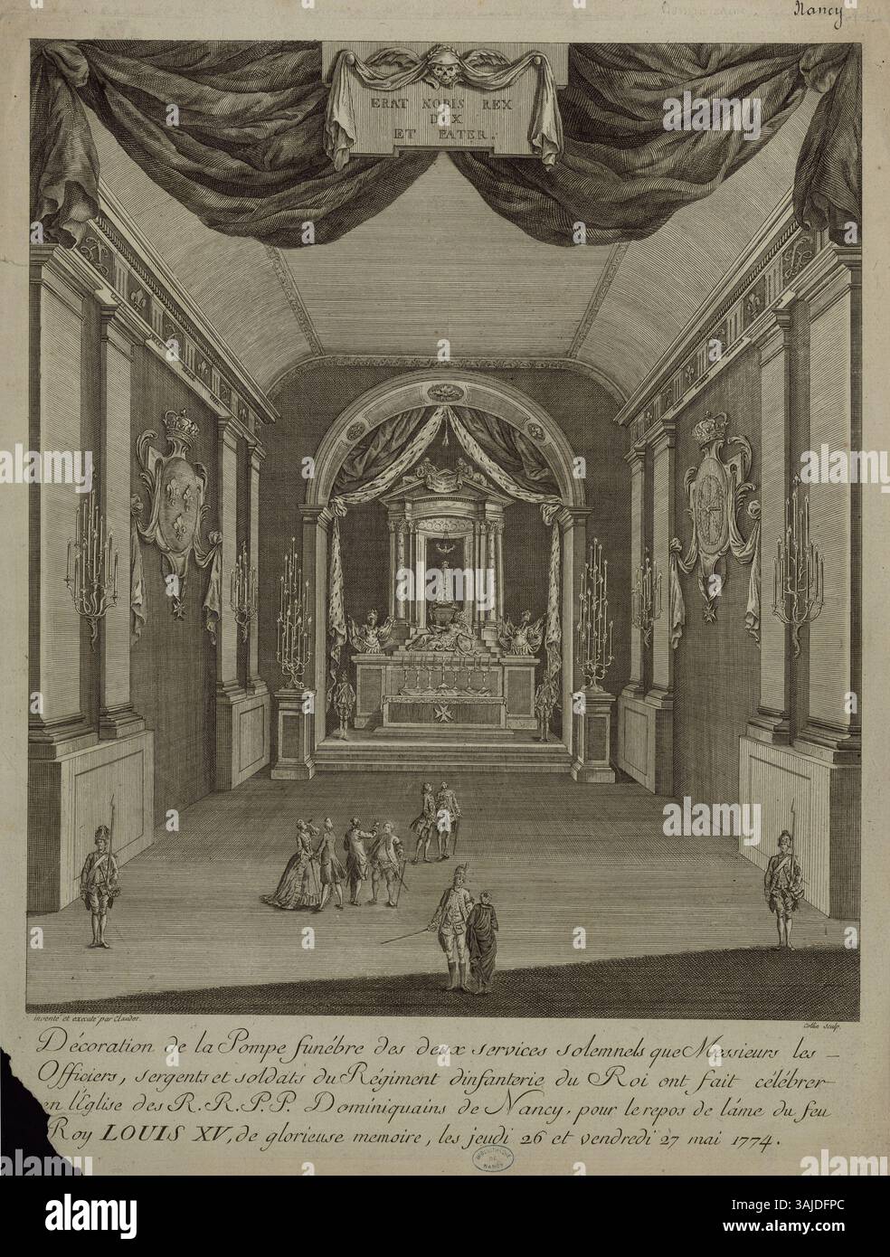This 1774 print depicts the funeral decoration for King Louis XV, held ...