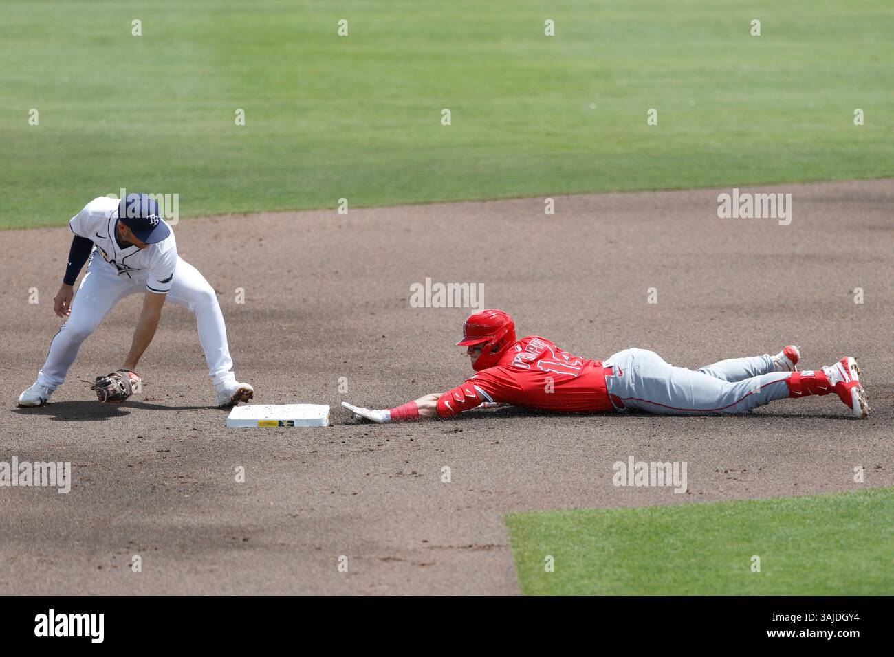 Tampa, FL USA: Los Angeles Angels catcher Logan O'Hoppe (14) doubles to ...