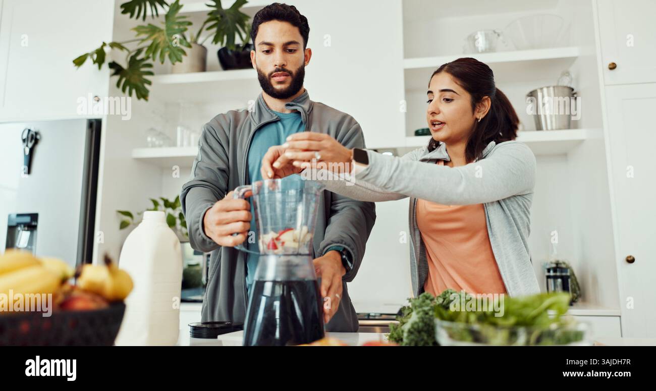 Help, blender and couple in kitchen, smooth and balance with health ...