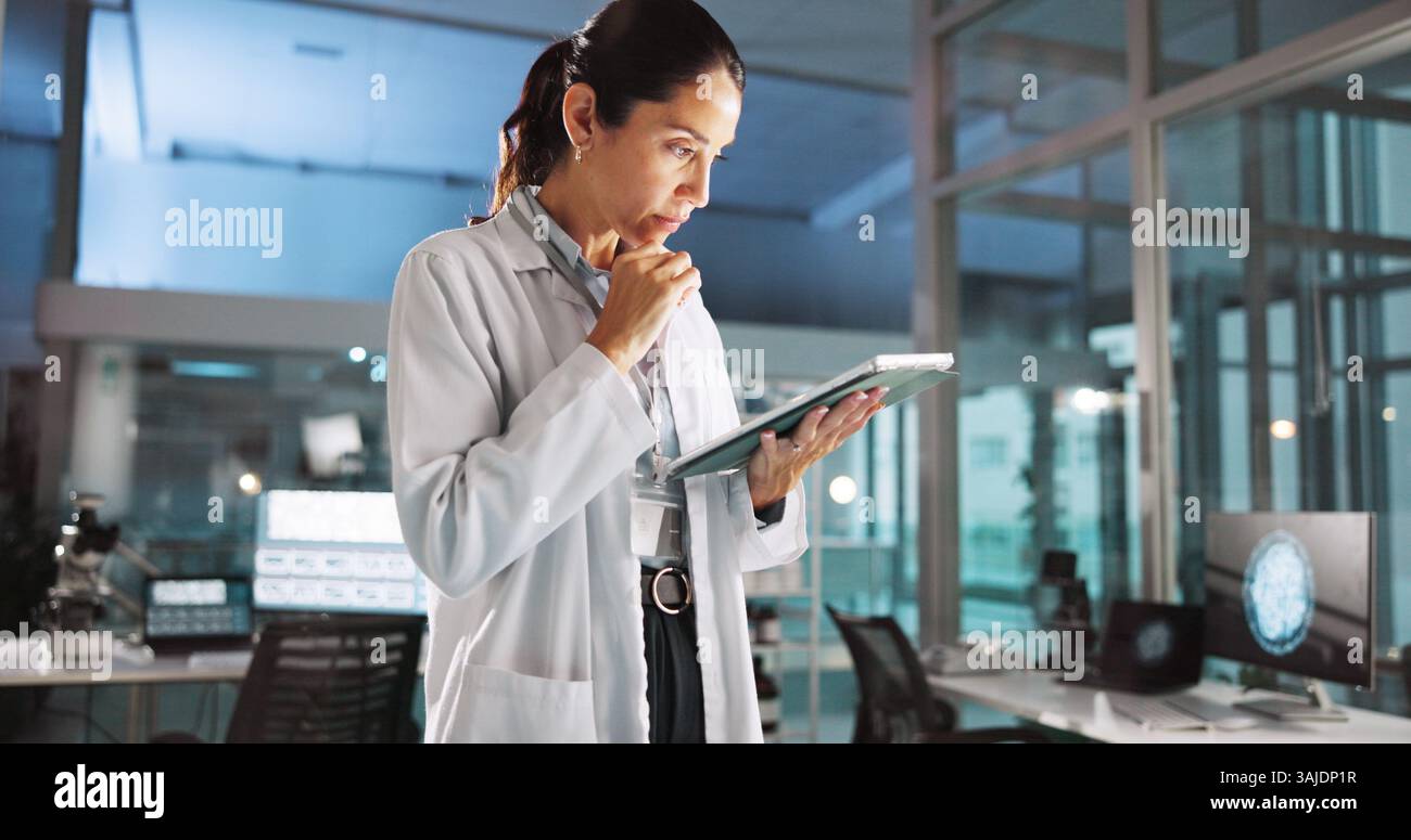 Thinking, tablet and science with woman in laboratory for clinical ...