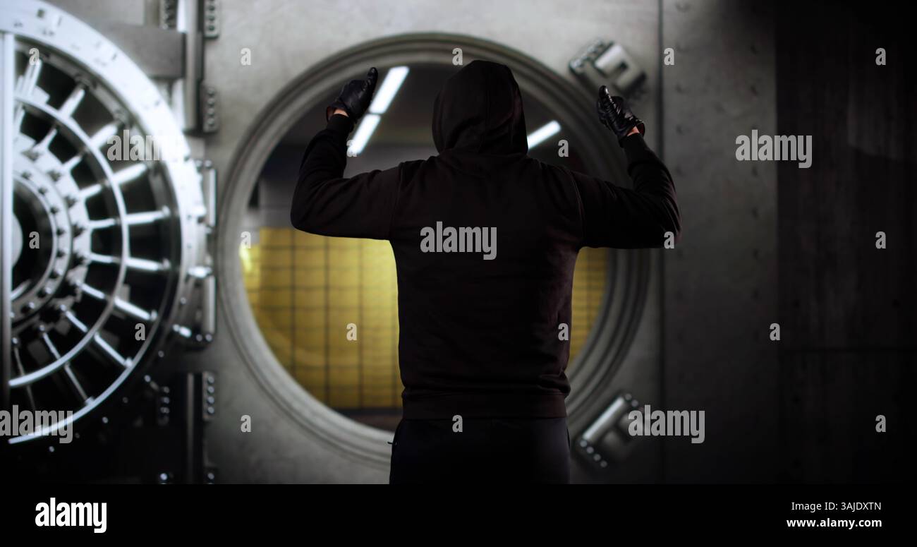 Bank Robber Celebration Success With Arms Raised Standing In Front Of ...
