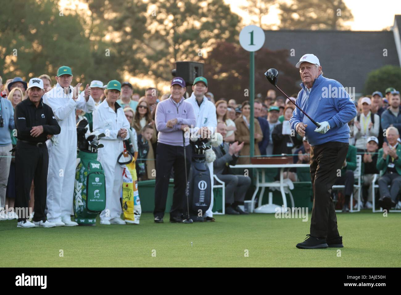 Honorary starter USA's Jack Nicklaus hits his tee shot on the first tee ...