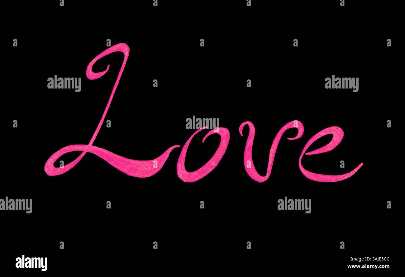 Lettering word Love. Pink color. Isolated on black background. Italic ...