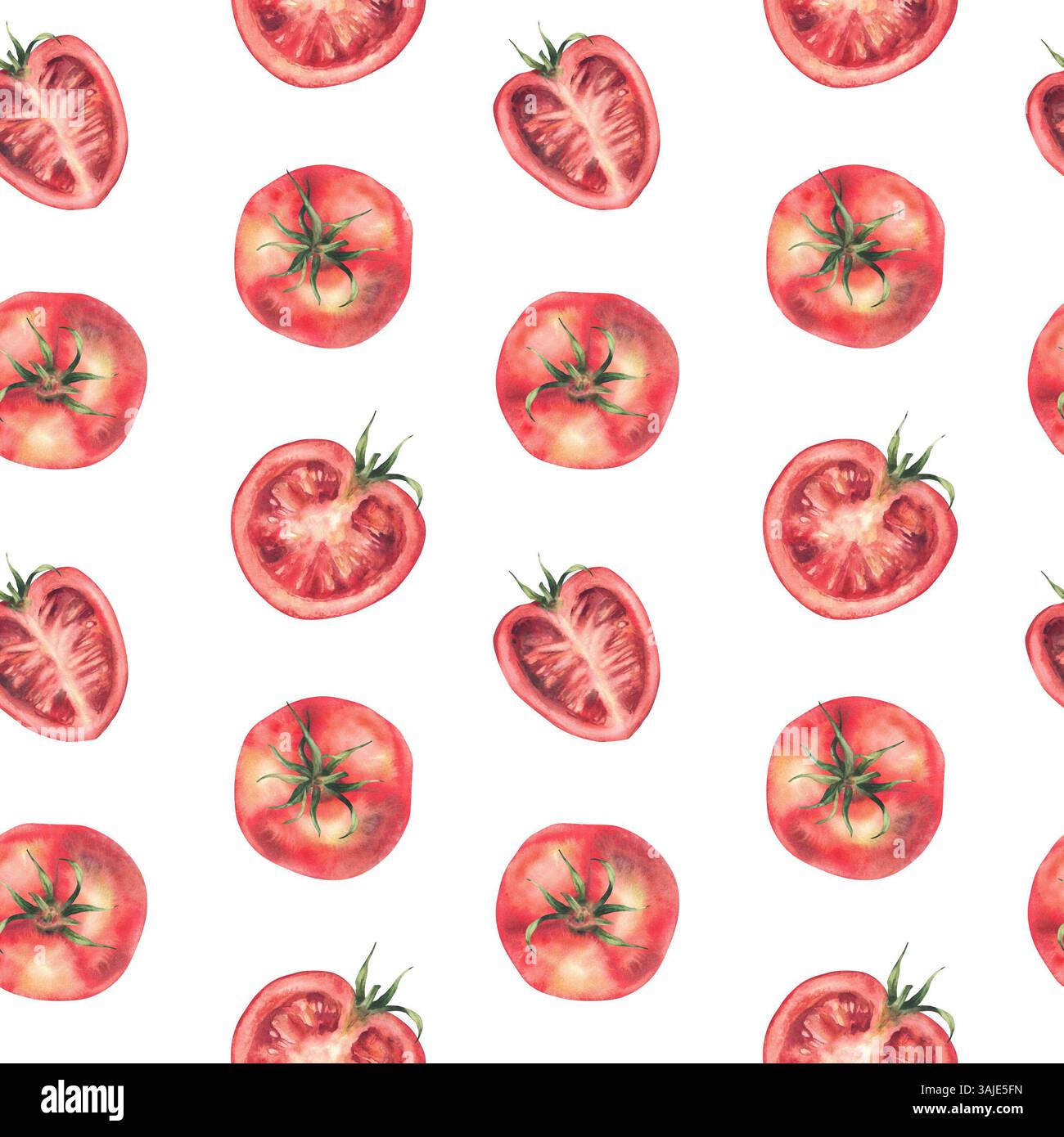 Red tomatoes vegetables watercolor seamless pattern. Whole and half sliced ripe fruit with stalk ...