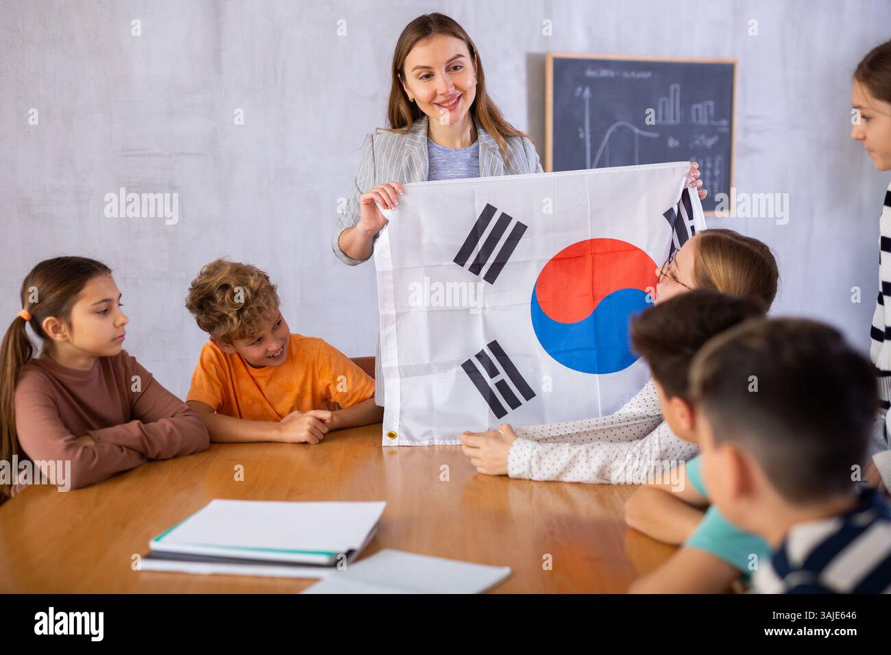 Teacher showing flag of South Korea to group of schoolchildren Stock ...
