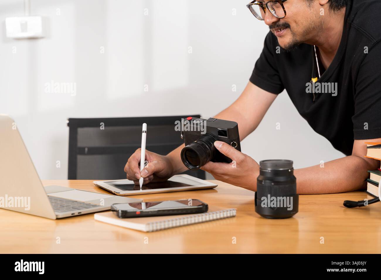 Vision, professional design pen and creative photographer working on ...