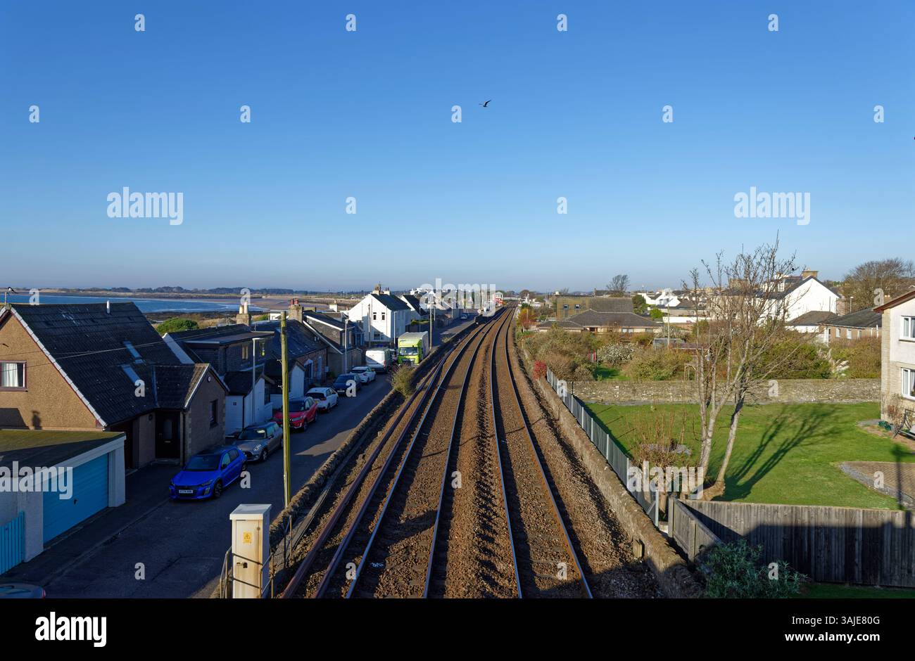 The main East Coast Rail line of Scotland passing between the houses of ...