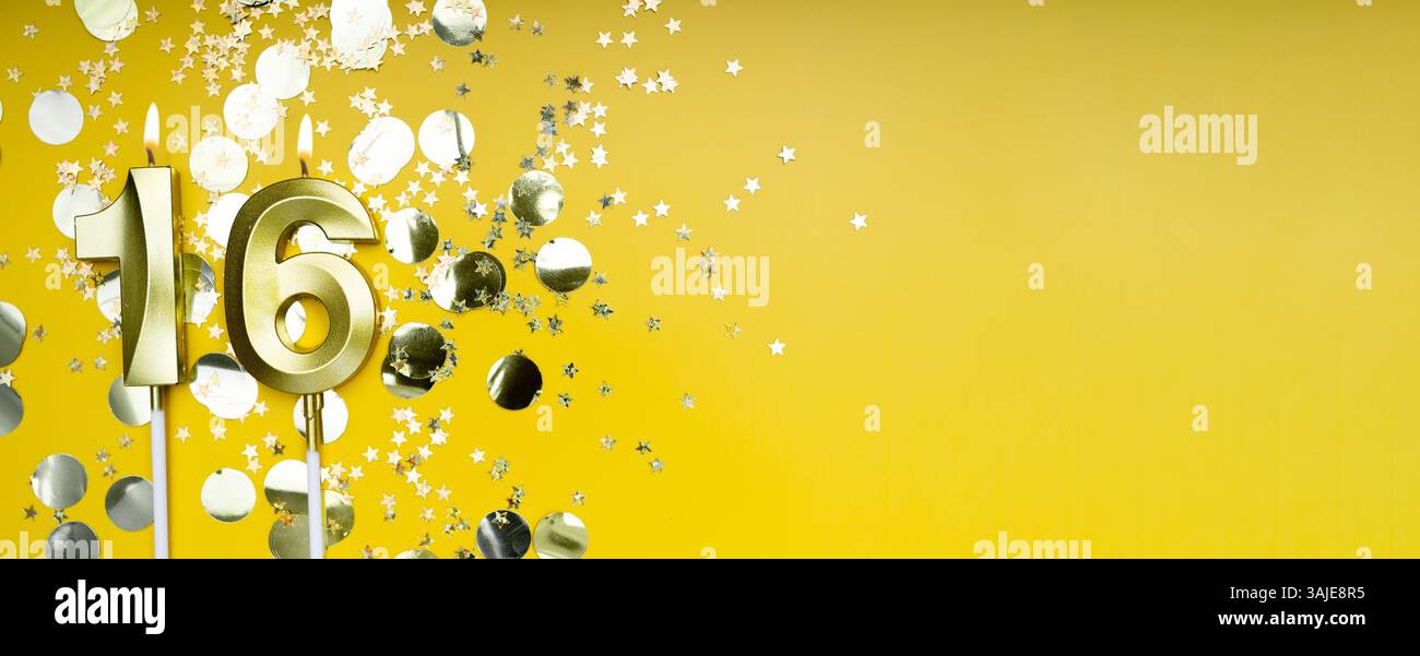 Golden candle number sixteen on yellow background. Birthday card with ...