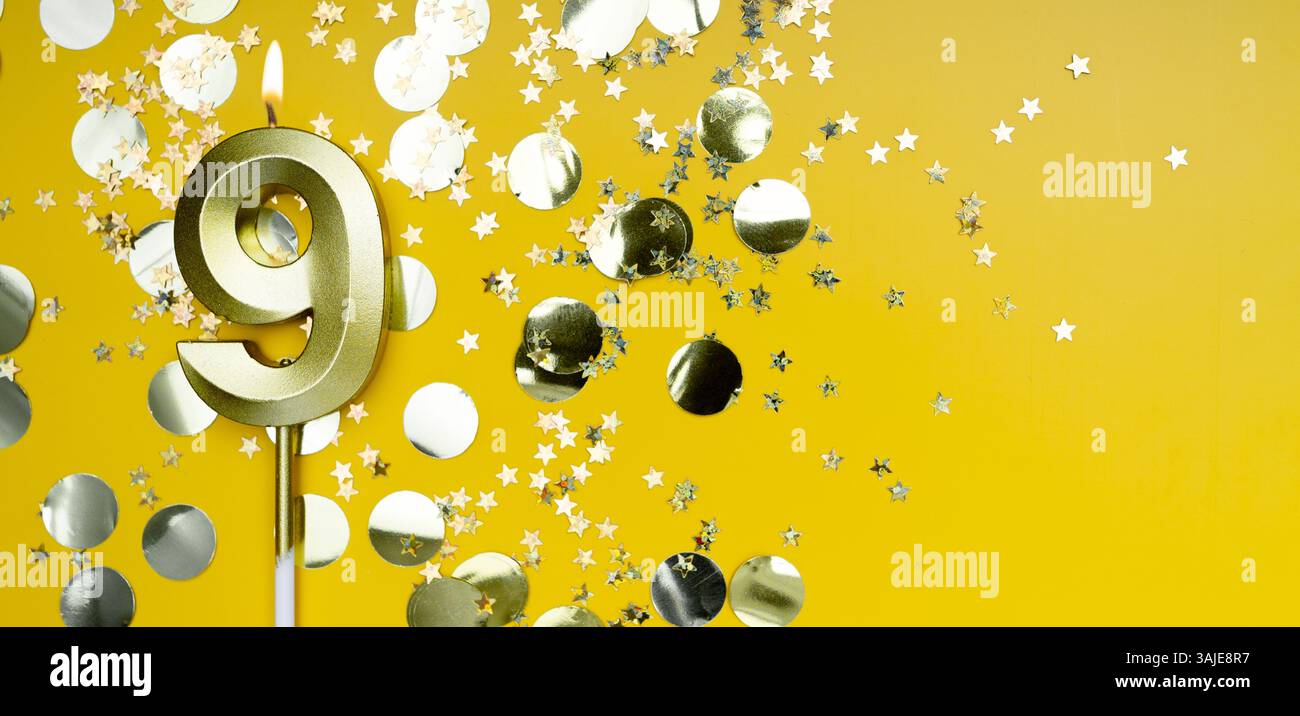 Golden candle number nine on yellow background. Birthday card with ...