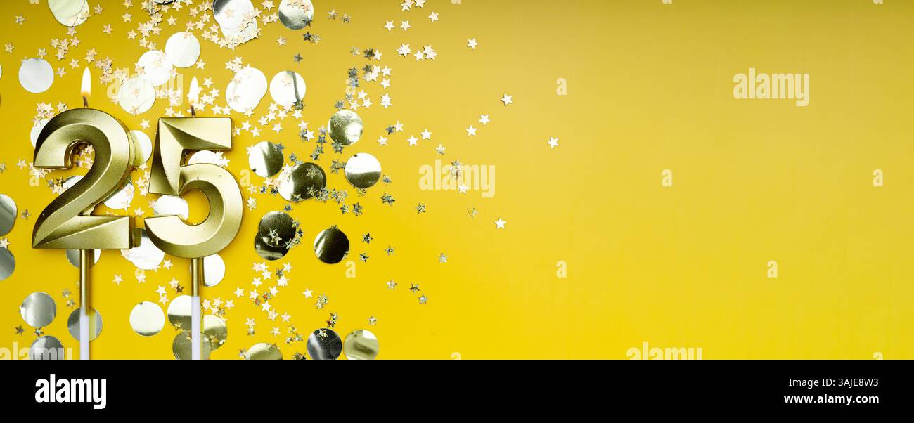 Golden candle number twenty-five on yellow background. Birthday card ...