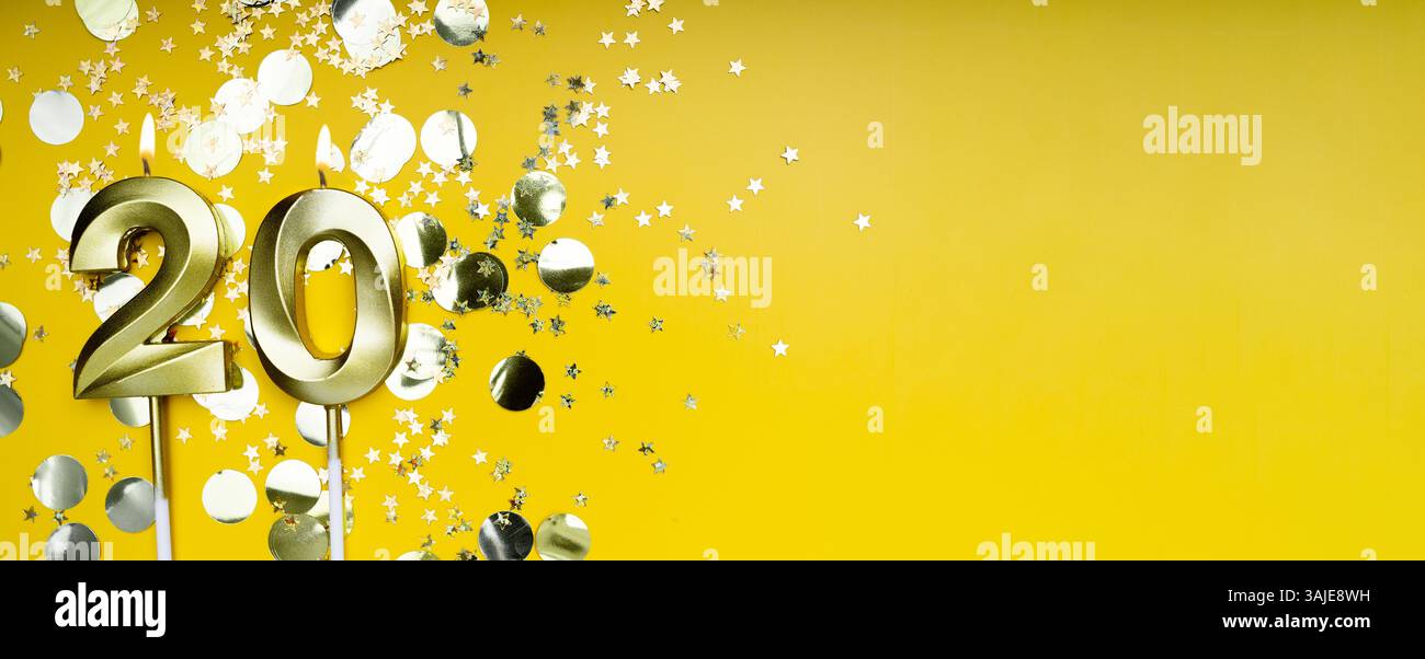 Golden candle number twenty on yellow background. Birthday card with ...