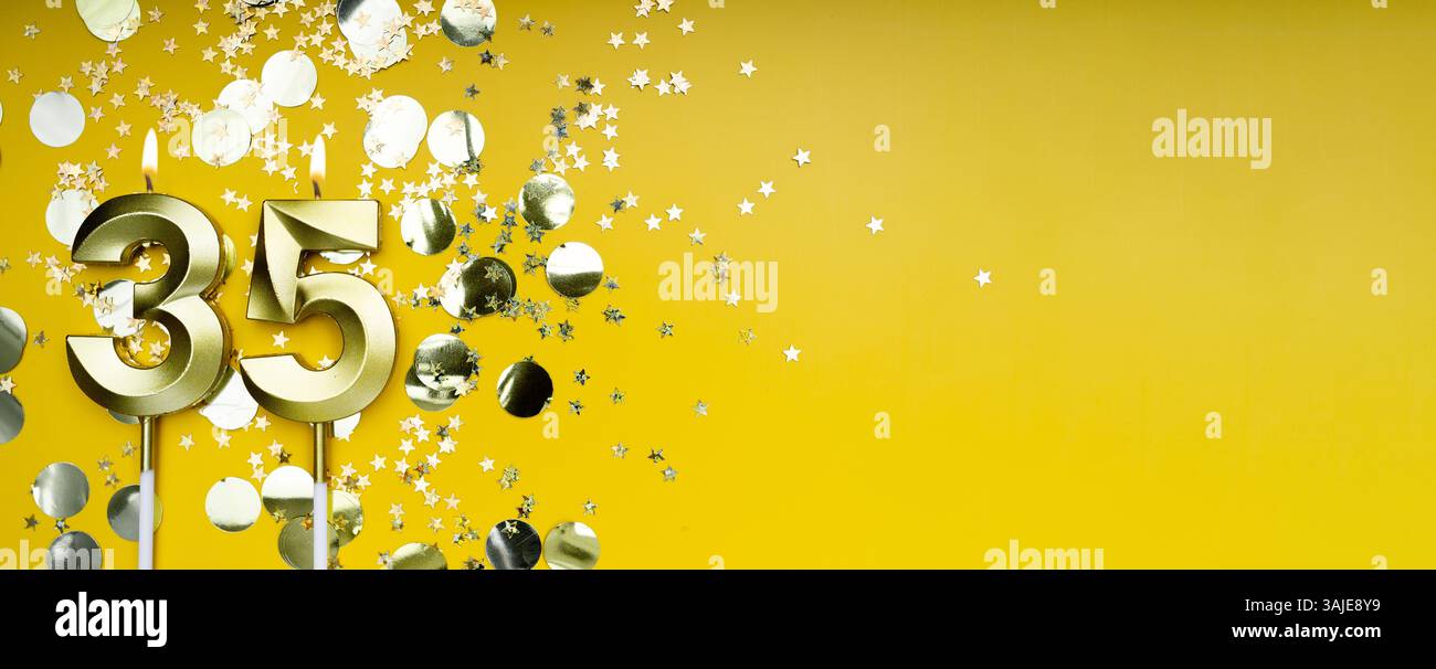 Golden candle number thirty-five on yellow background. Birthday card ...