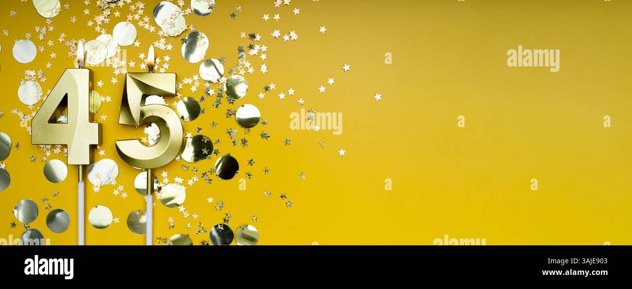 Golden candle number forty-five on yellow background. Birthday card ...