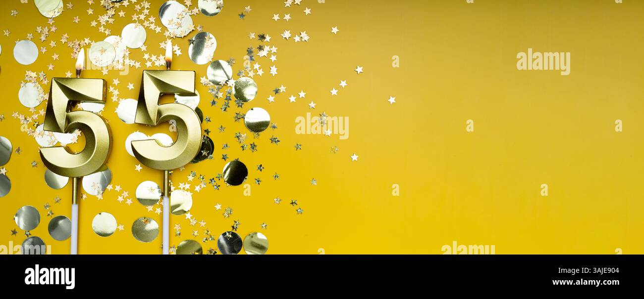Golden candle number fifty-five on yellow background. Birthday card ...