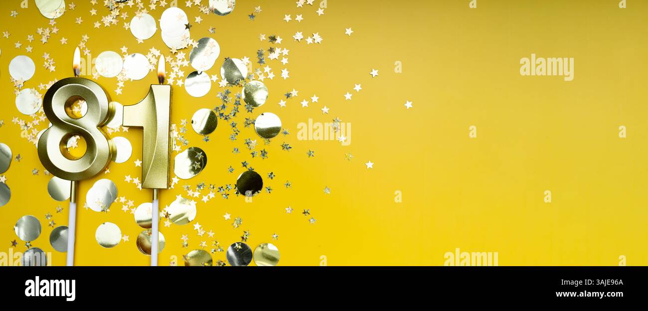 Eighty-one years birthday. Number 81 golden celebration candle. Yellow ...