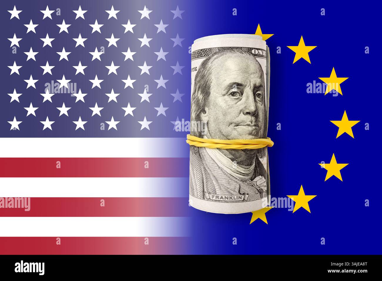 100 dollars on a US and EU flags background. US and European Union ...