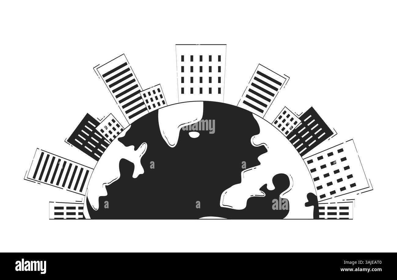 Earth with city skyline half globe doodle linear object Stock Vector ...