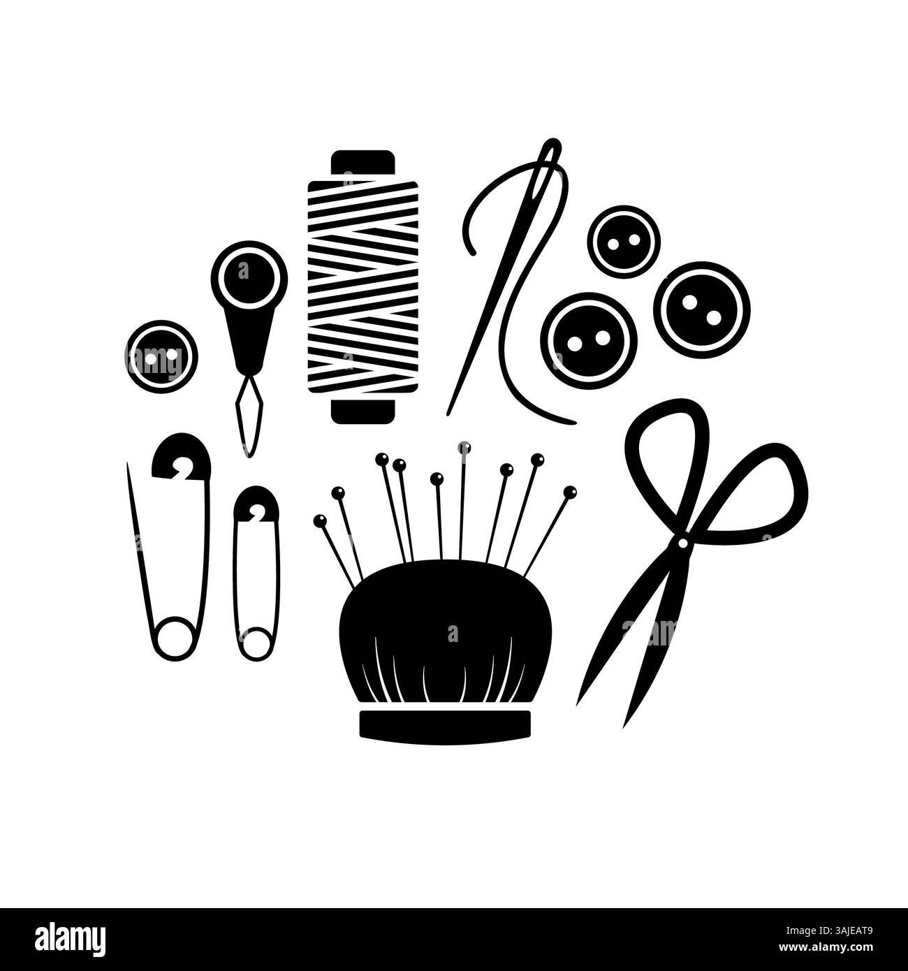 Sewing kit collection tools Cut Out Stock Images & Pictures - Alamy