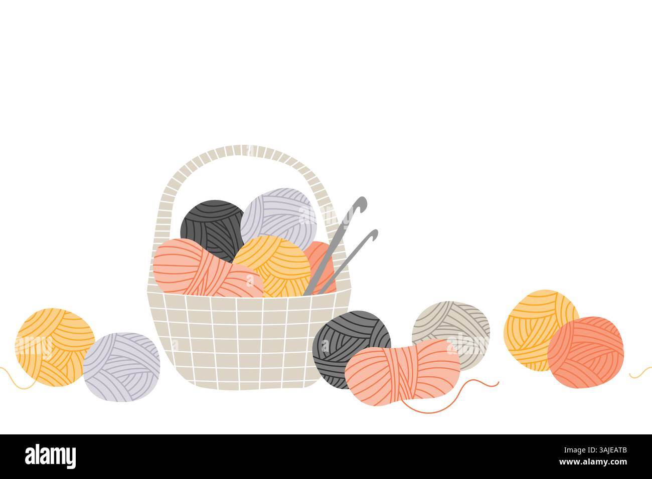 Seamless border with balls of yarn, crochet hooks and basket Stock ...