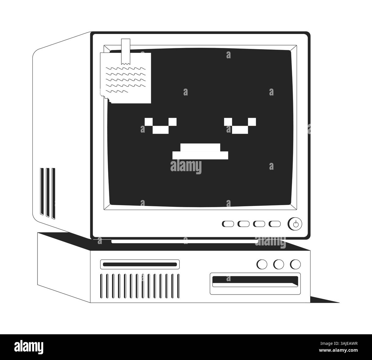 Retro computer with sad pixel face and sticky note 2D line object Stock ...