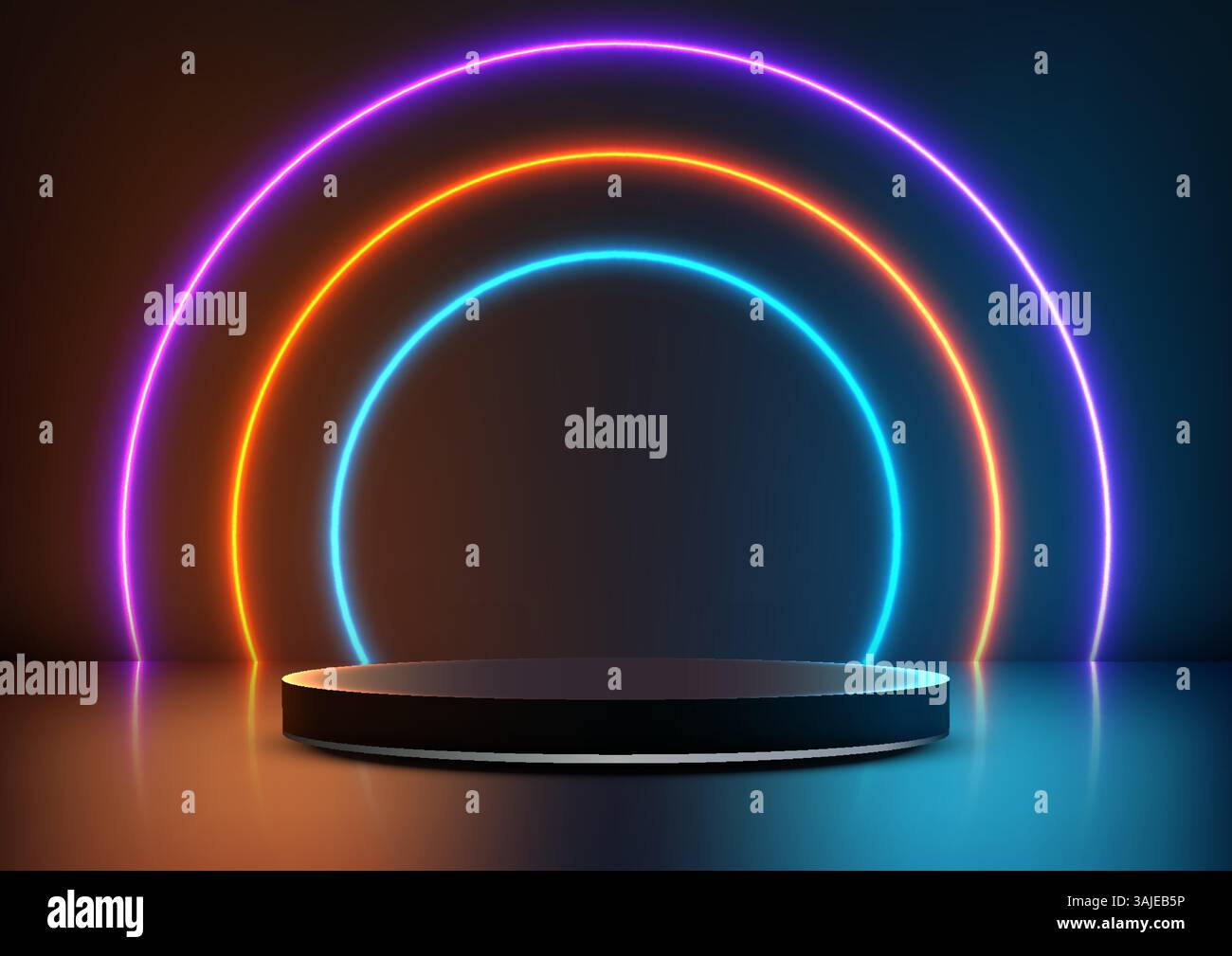 3D dark reflective circular platform illuminated by three concentric neon arches in purple ...