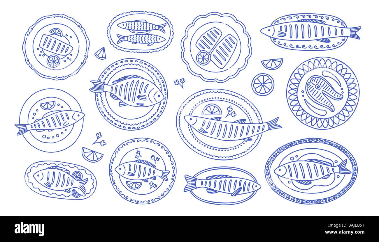 Grilled fish set in mediterranean blue. Collection of stylized, hand ...
