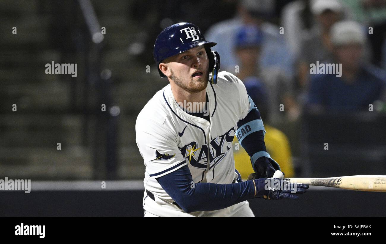 Tampa Bay Rays' Curtis Mead watches the flight of the ball after ...