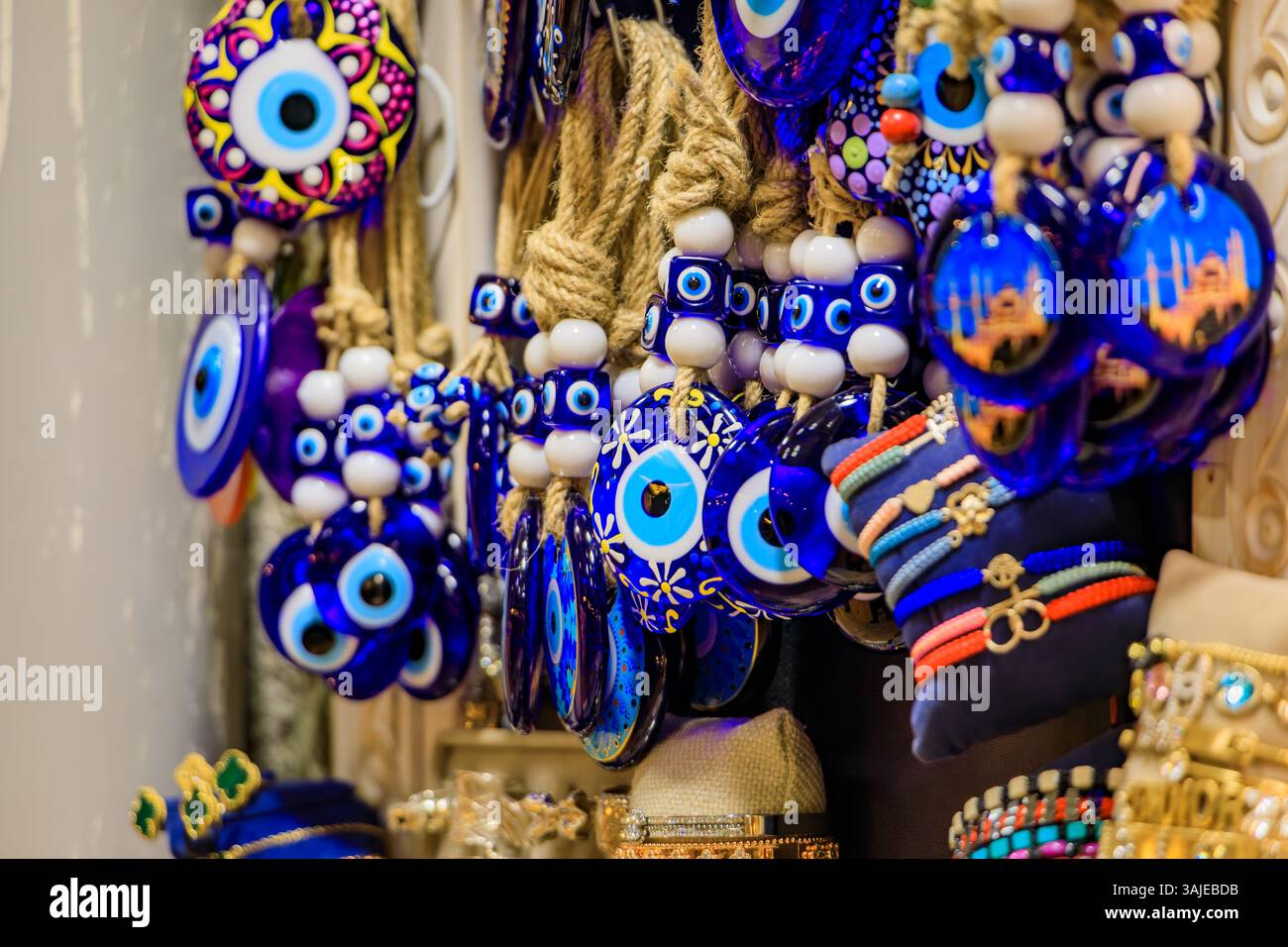 Colorful Turkish souvenirs, blue and white nazar charms, amulets ...