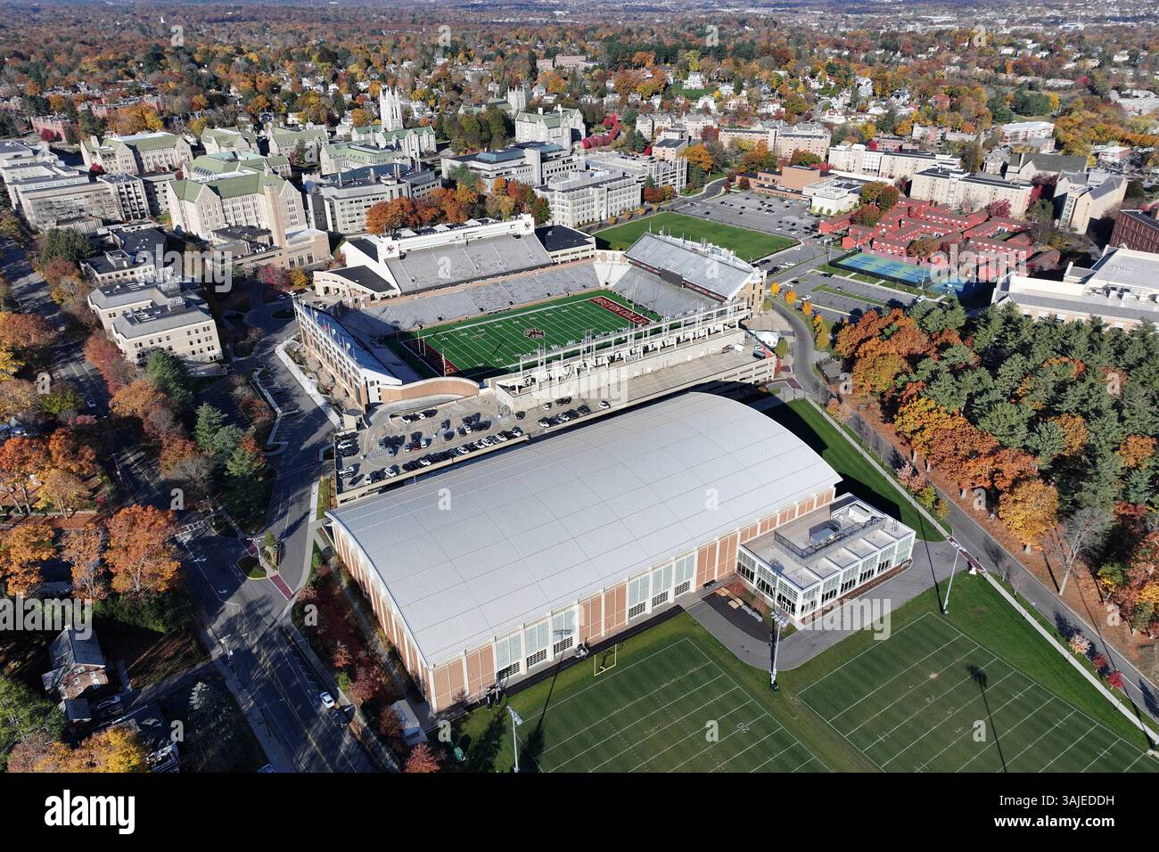 A general overall aerial view of Alumni Stadium and Fish Field House on ...