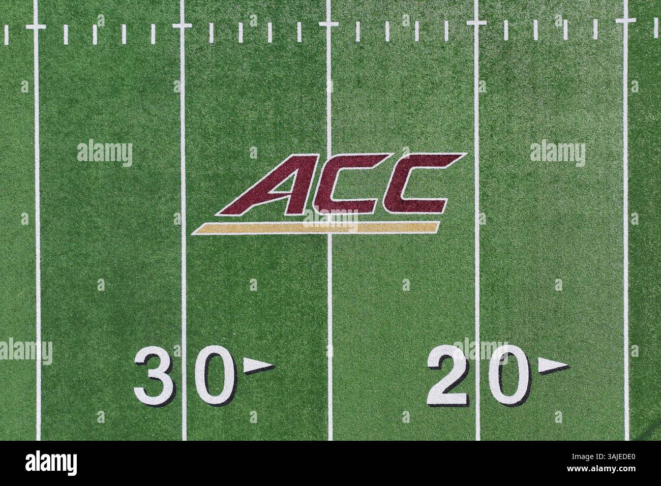 A general overall aerial view of the ACC logo on the football field at ...