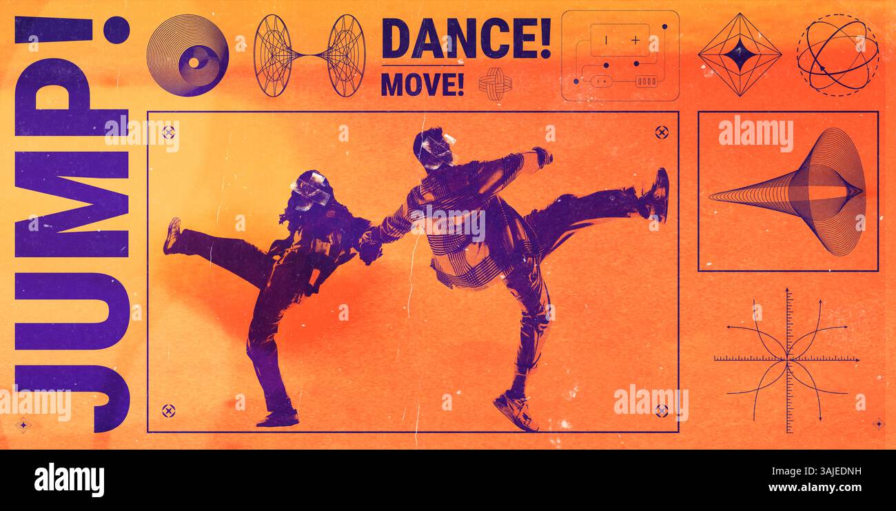 Poster. Contemporary art collage. Two dancers in full motion kick pose ...