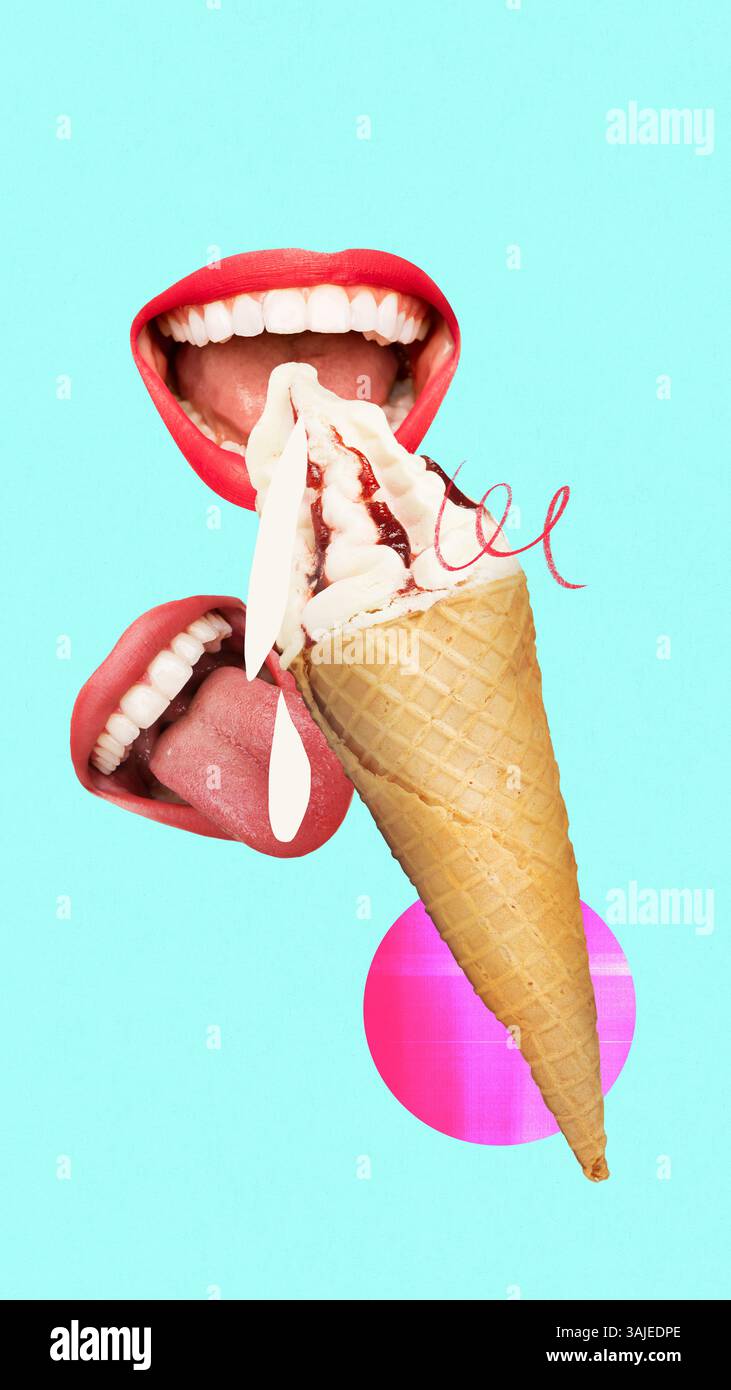 Mouth floating around sweet ice cream cone against light blue ...