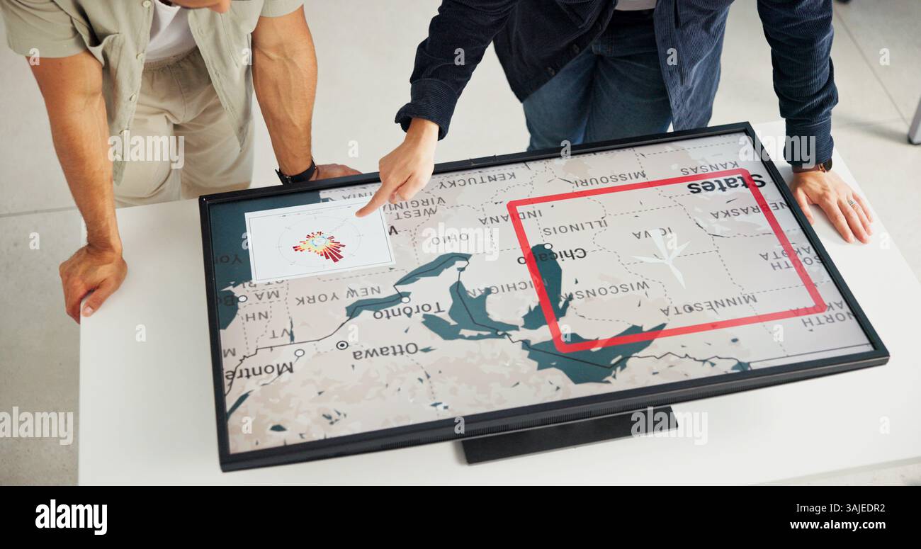 Engineer, people and hands with map on screen for turbine location ...