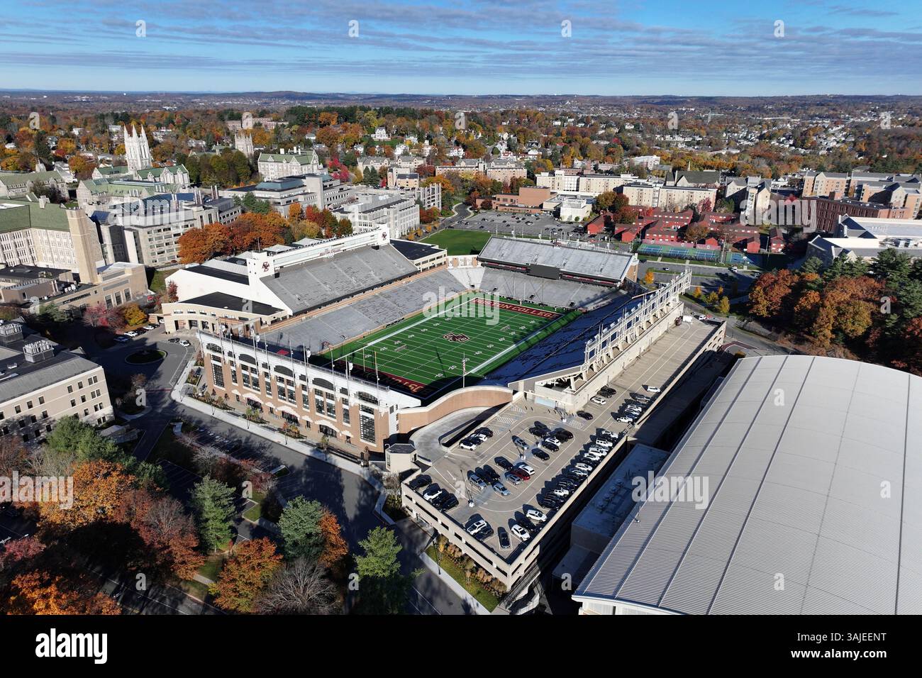 A general overall aerial view of Alumni Stadium on the campus of Boston ...