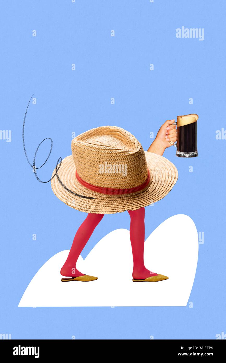 Walking straw hat with female legs in red stockings holding beer mug ...