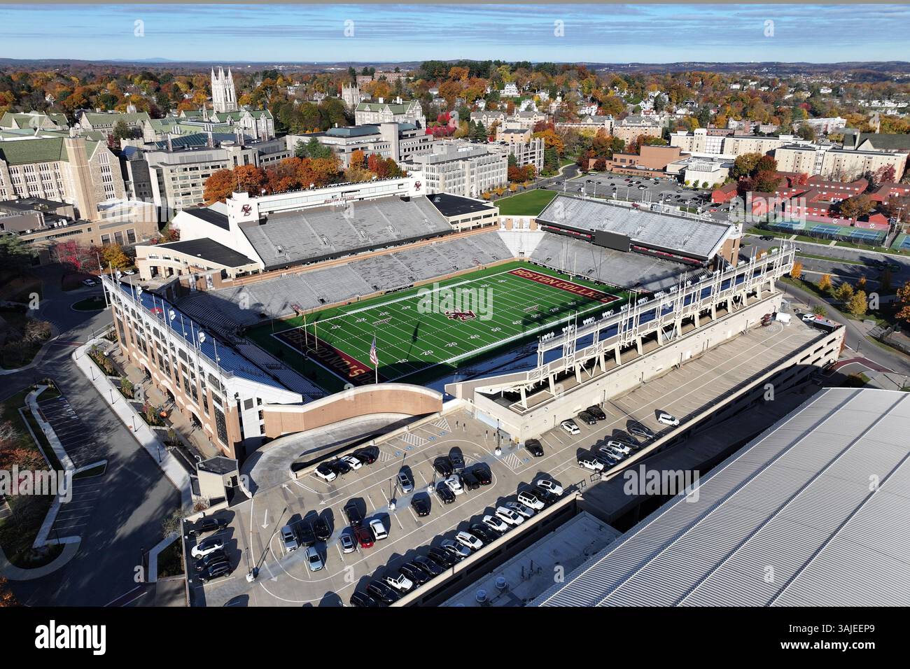 A general overall aerial view of Alumni Stadium on the campus of Boston ...